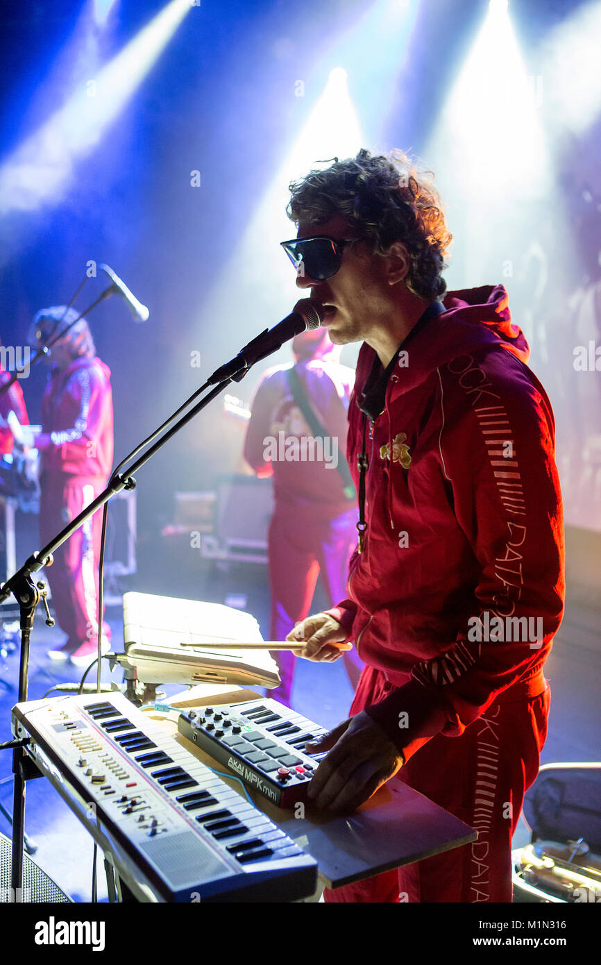 The red jumpsuit-wearing Norwegian electronic rock band Datarock is here seen doing a sound ...