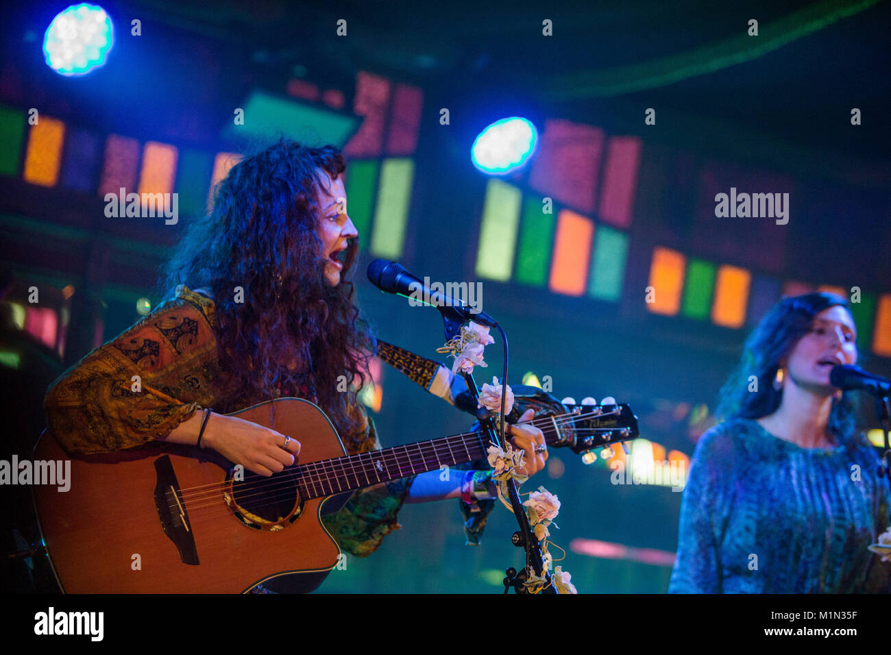 The British folk duo Deborah Rose & Mari Randle performs a live concert ...