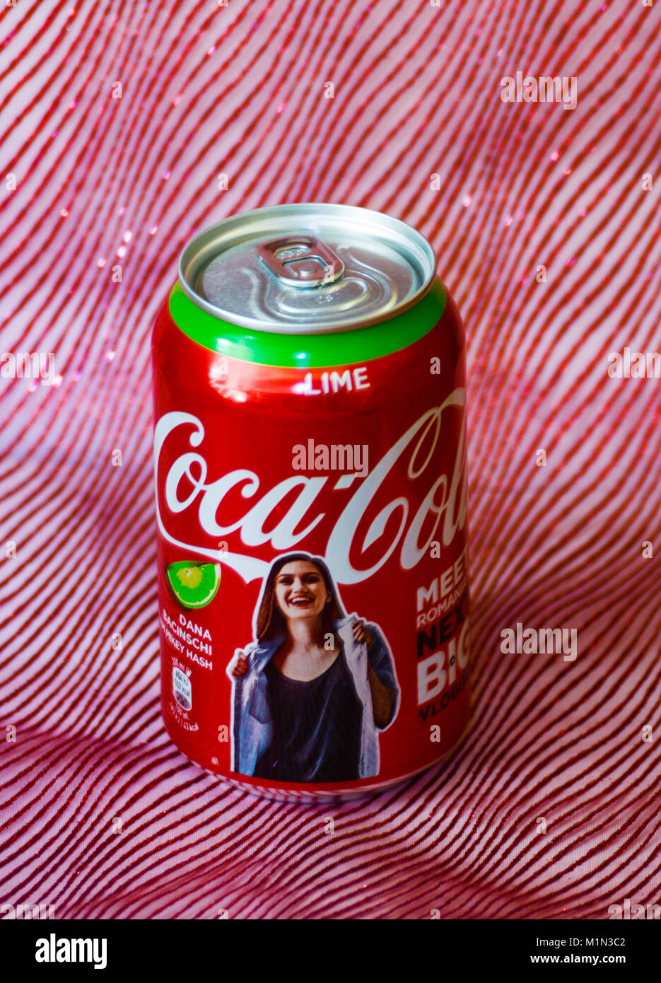 30 January 2017-Bucharest, Romania. A can of coca cola on a red ...