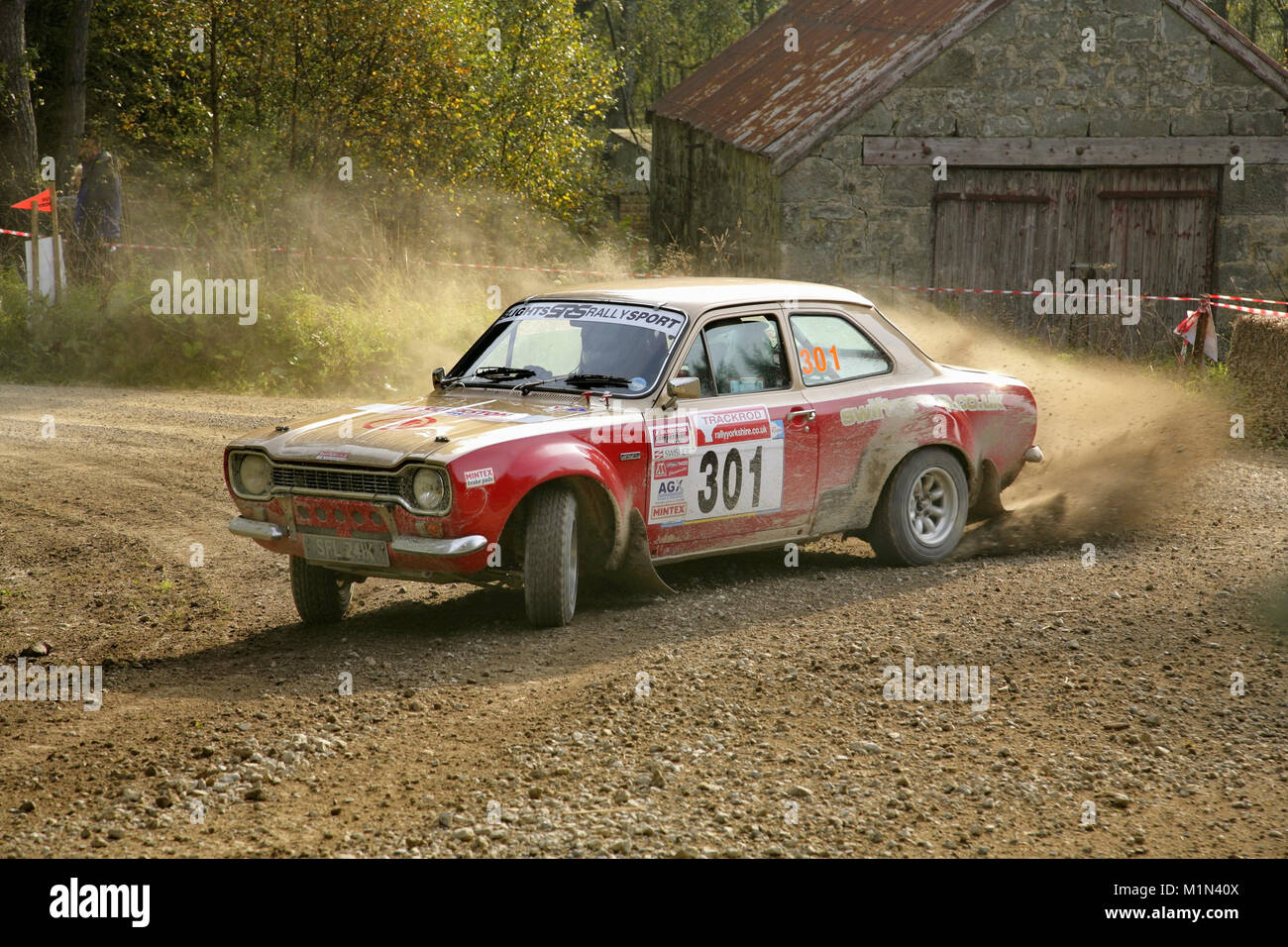 Historic mark 1 Ford Escort rally car in Cropton Forest, Yorkshire, UK ...