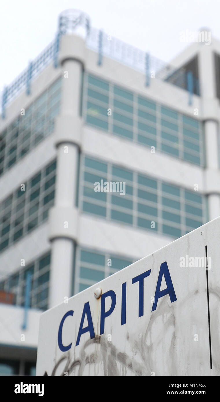 General view of a Capita sign outside their offices in Bournemouth ...