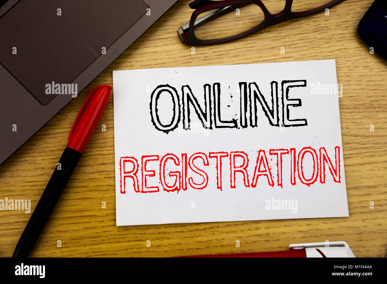 Handwriting Announcement text showing Online Registration. Business ...