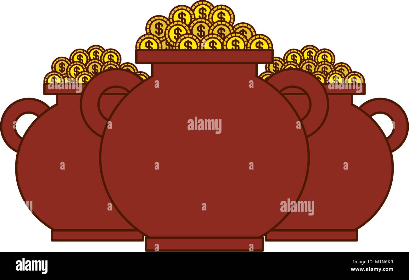 three brown pot full gold coins treasure Stock Vector Image & Art - Alamy