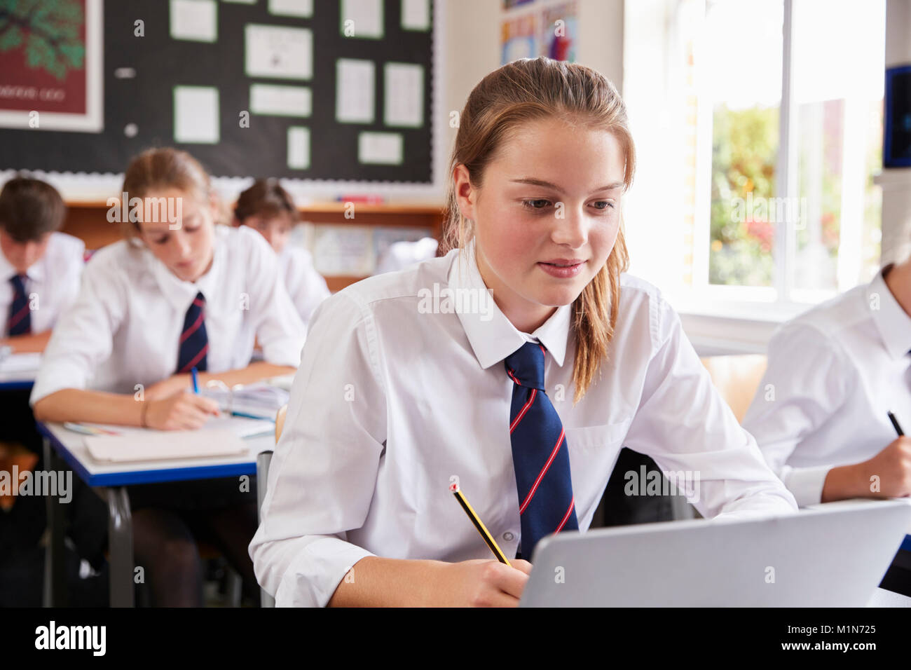 Female Pupil Wearing Uniform Using Laptop In Classroom Stock Photo - Alamy