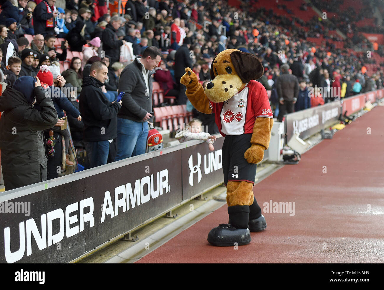 Southampton mascot Sammy Saint entertains the crowd before the game ...