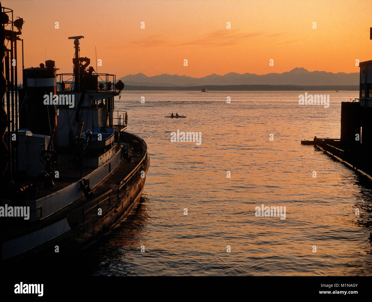 Two kayakers take in the view of the Olympic Mountains as they explore ...