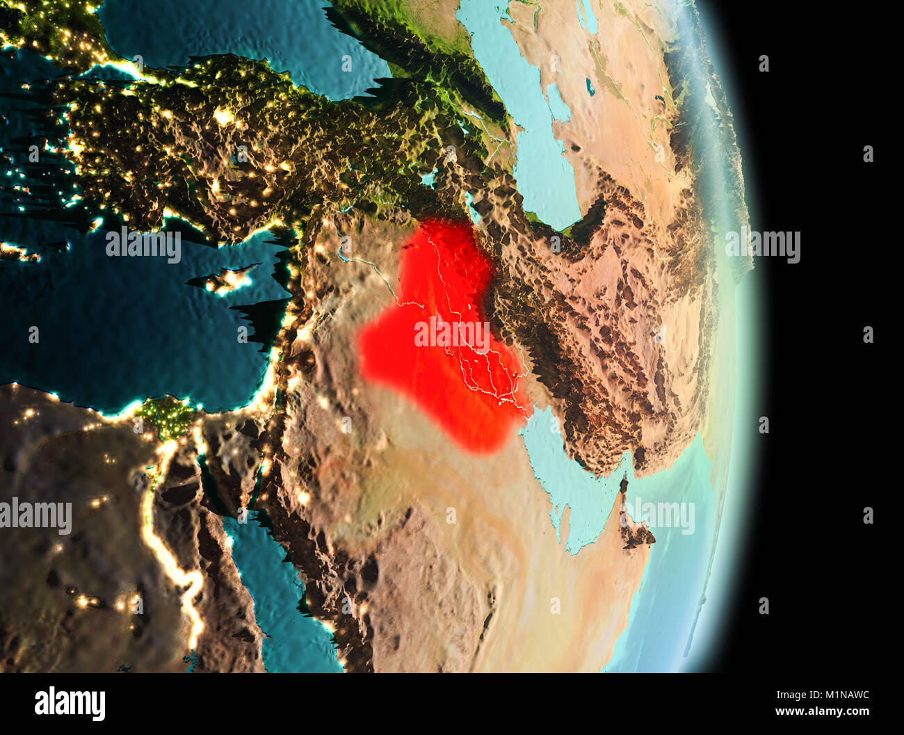 Early morning view of Iraq highlighted in red on planet Earth. 3D ...