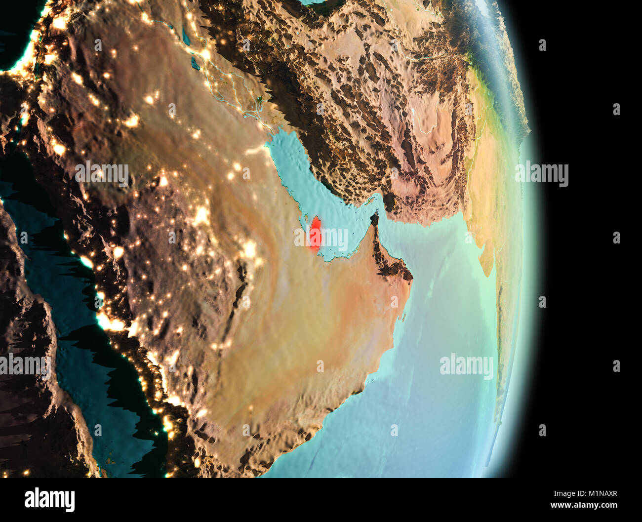 Early morning view of Qatar highlighted in red on planet Earth. 3D ...