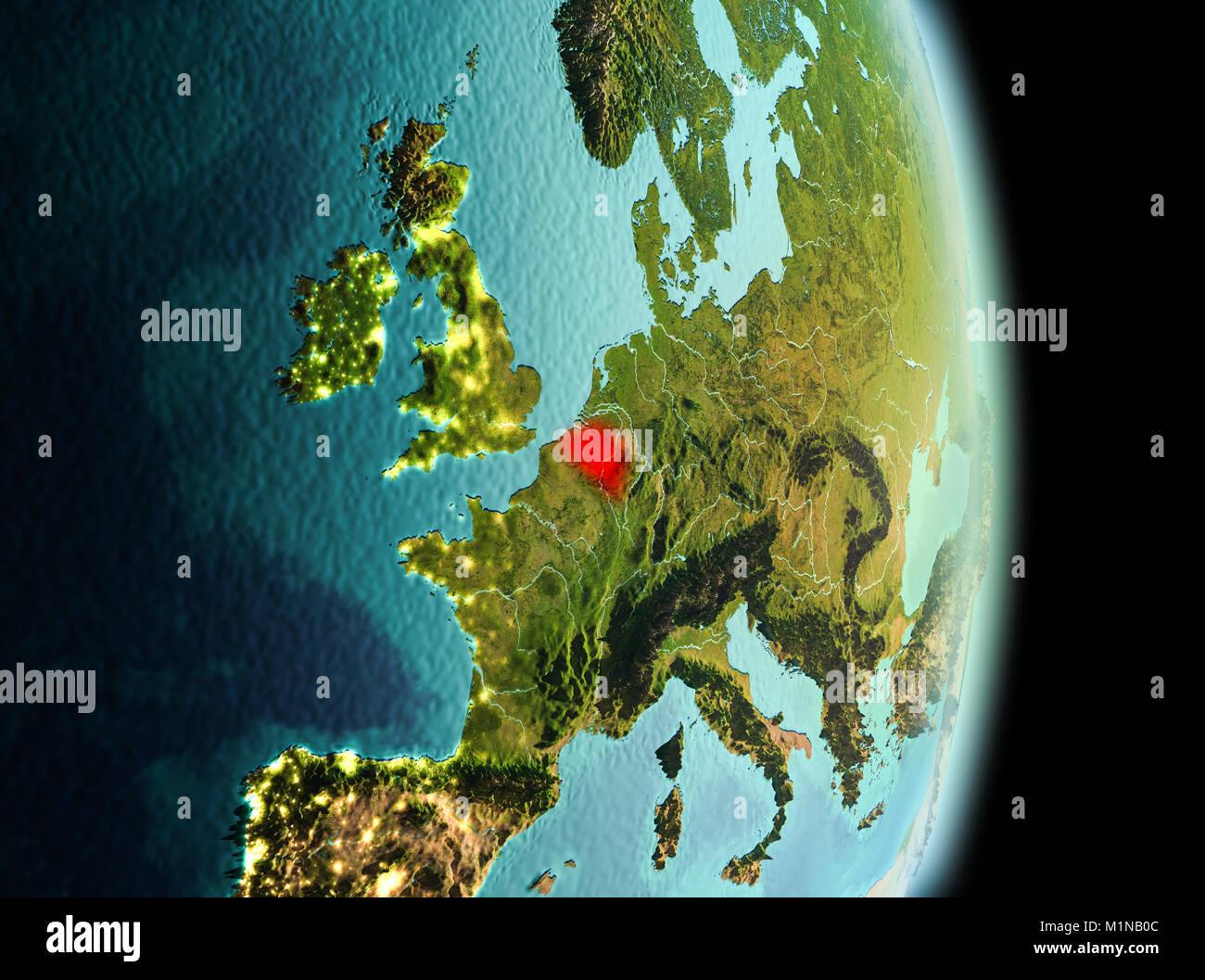 Early morning view of Belgium highlighted in red on planet Earth. 3D illustration. Elements of ...