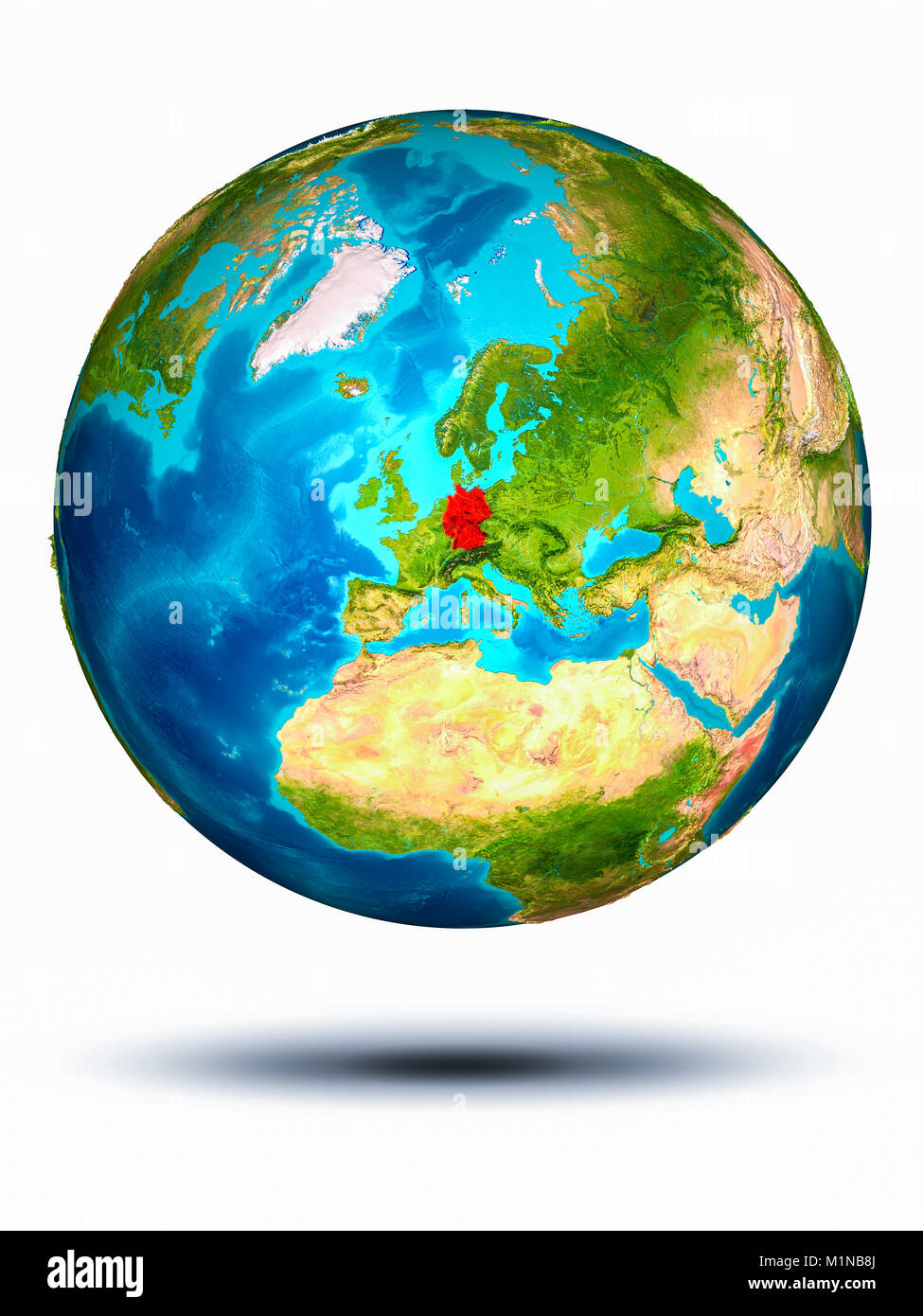 Germany in red on model of planet Earth hovering in space. 3D ...