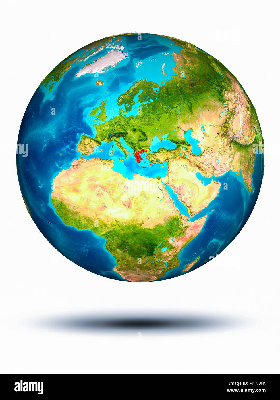 Greece in red on model of planet Earth hovering in space. 3D ...