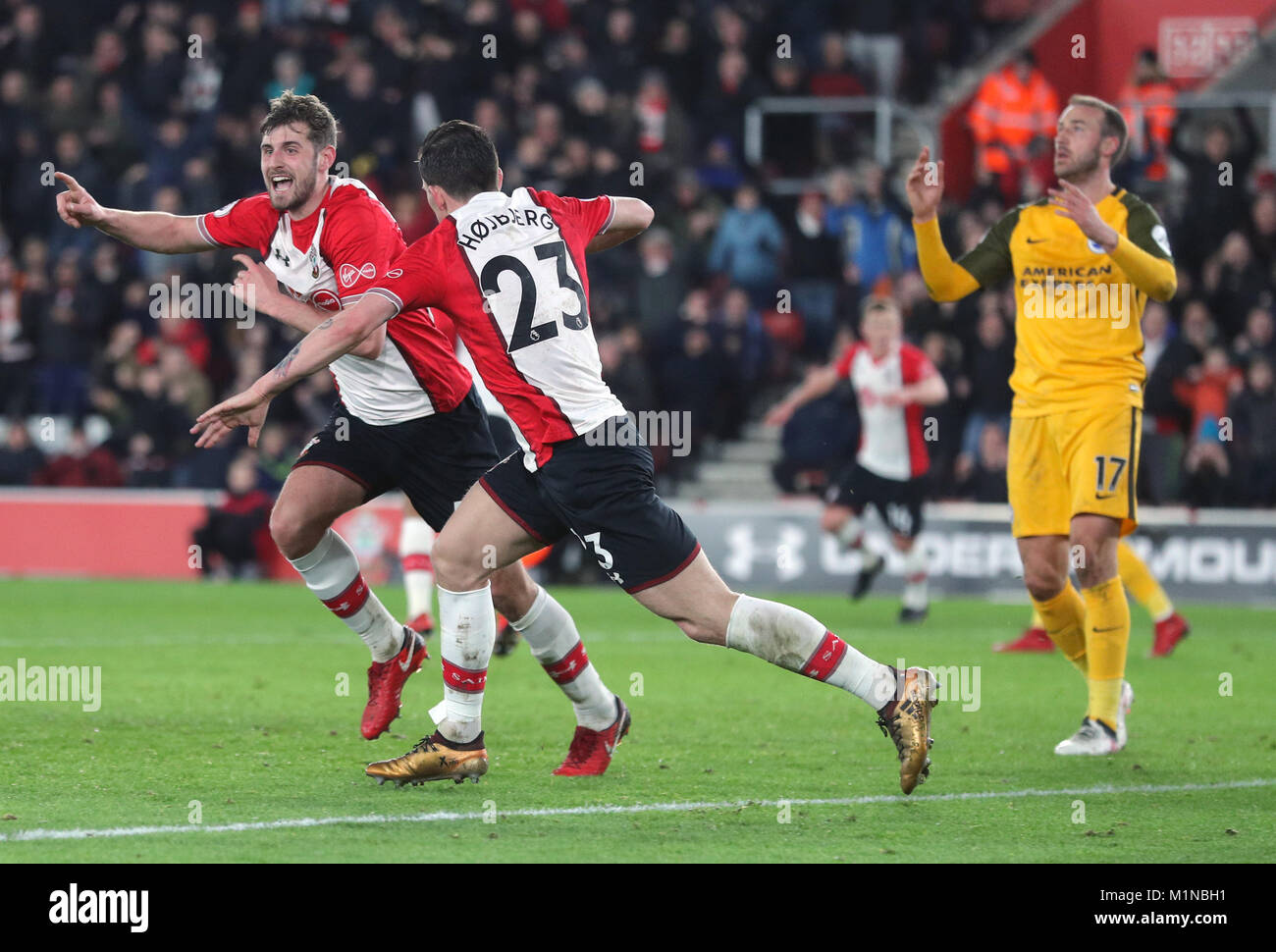 Southampton's Jack Stephens (left) celebrates scoring his side's first ...