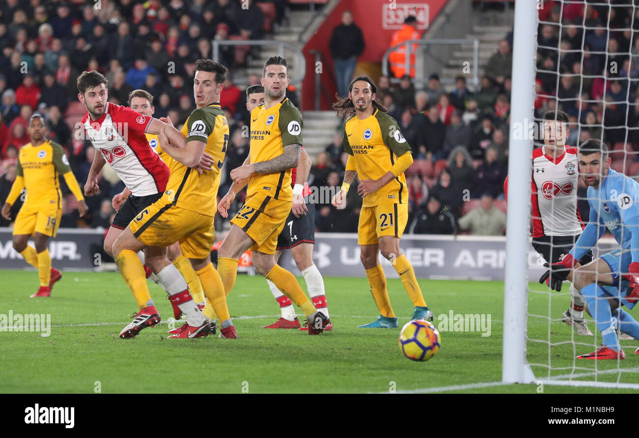 Southampton's Jack Stephens (left) scores his side's first goal of the ...