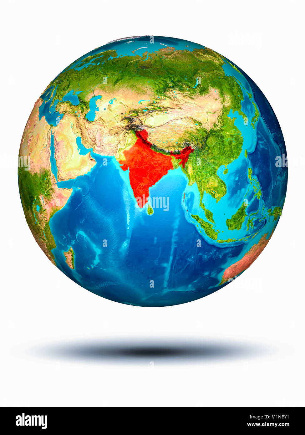 India in red on model of planet Earth hovering in space. 3D ...