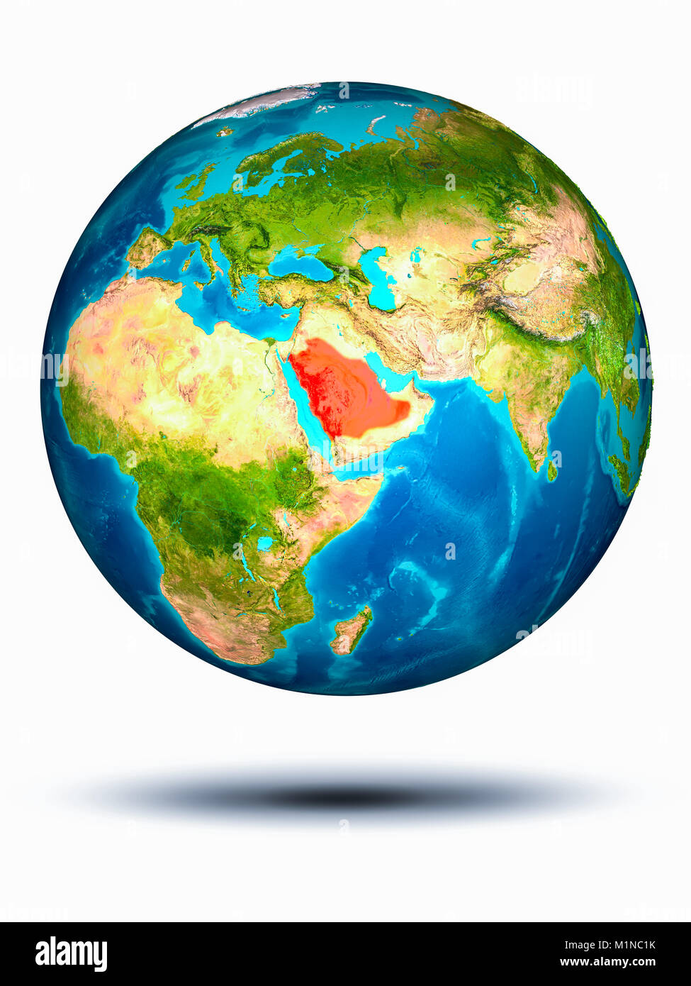 Saudi Arabia in red on model of planet Earth hovering in space. 3D ...