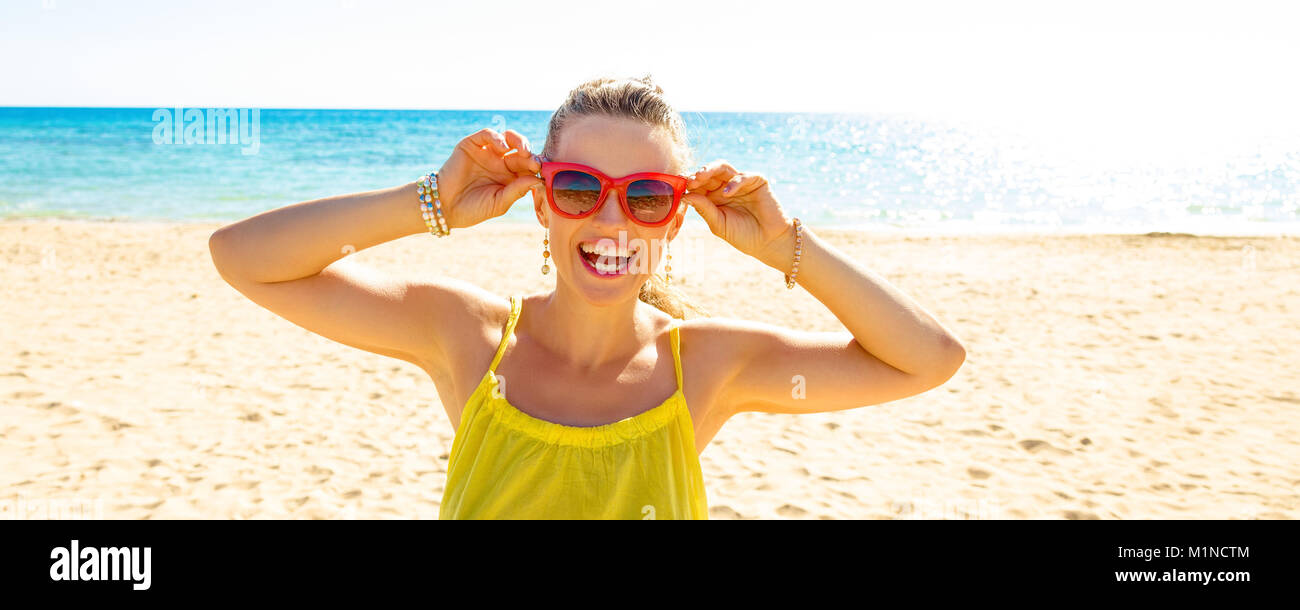 Colorful and wonderfully cheerful mood. Portrait of happy modern woman ...