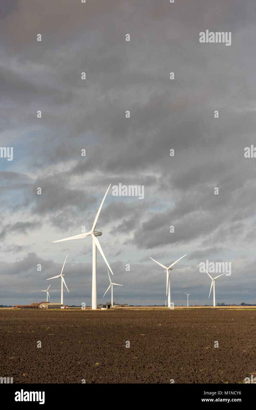 Wind turbines on a wind farm in the flat fenland landscape of Warboys ...