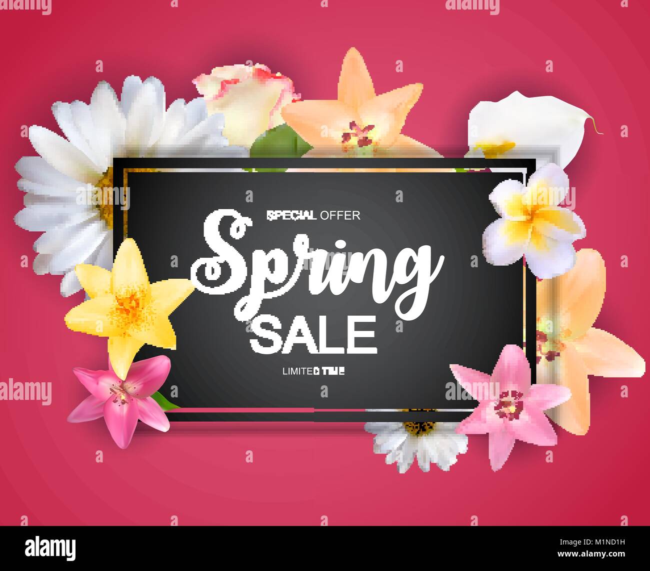 Spring Sale Cute Background with Colorful Flower Elements. Vector ...