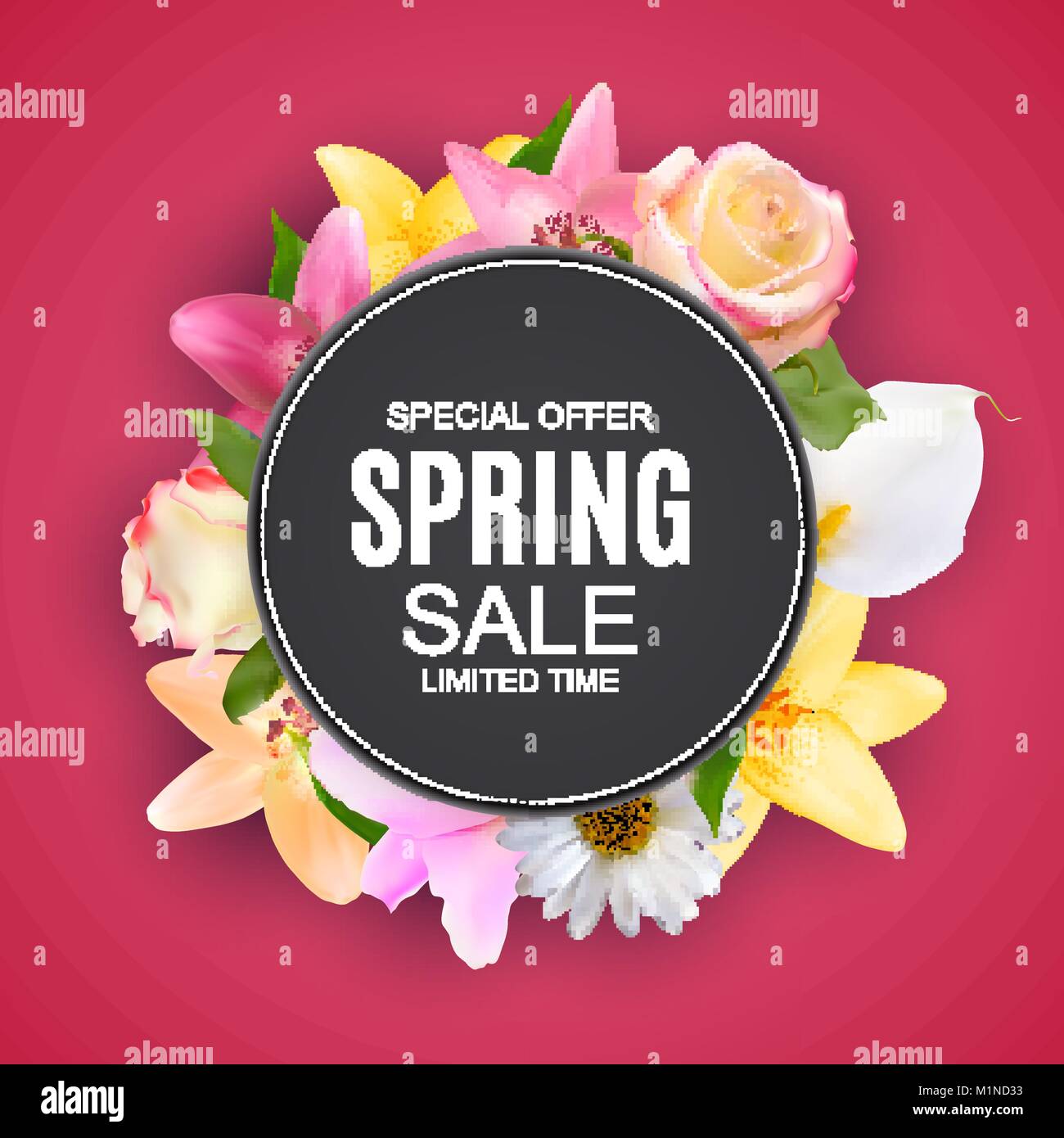 Spring Sale Cute Background with Colorful Flower Elements. Vector ...