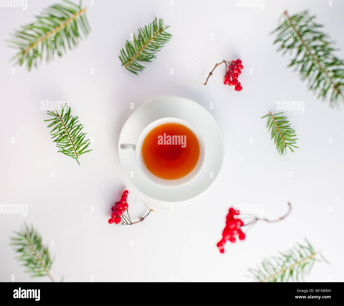 flatlay with white tea set full of tea surrounded by falling down ...