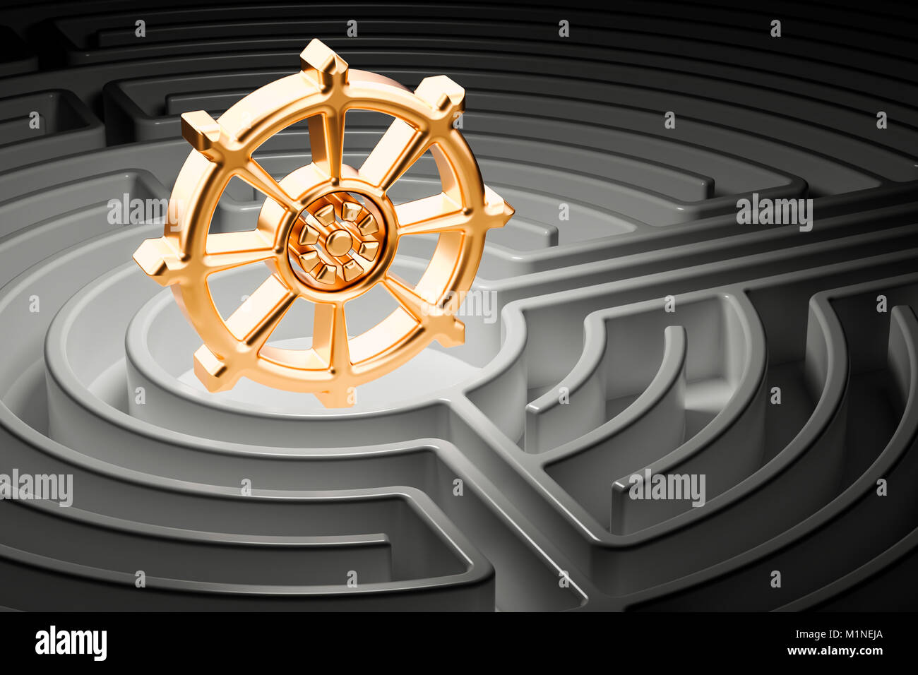 Dharmachakra at the center of a maze, way to Buddhism religion concept ...