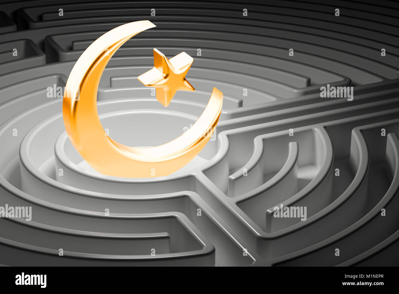 Star and crescent at the center of a maze, way to Islam religion ...