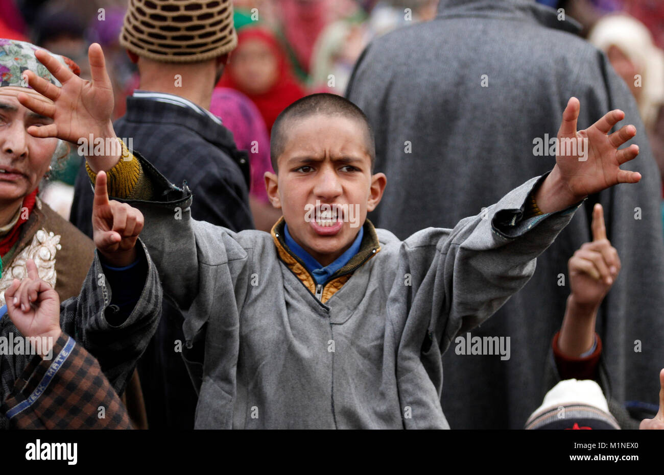 India. 30th Jan, 2018. A boy shout pro Freedom slogan during the ...