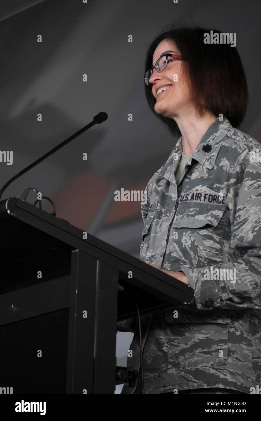 163d Attack Wing vice commander, Lt. Col. Carrie Colas, offers speaks ...