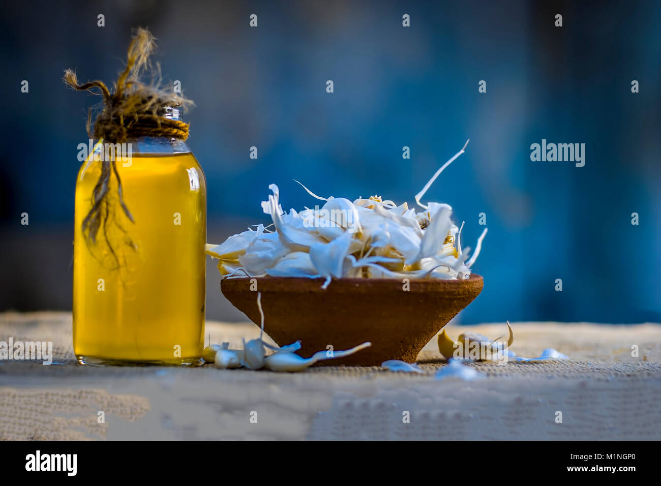 Close up of Allium sativum,Garlic with its oil in a transparent bottle ...