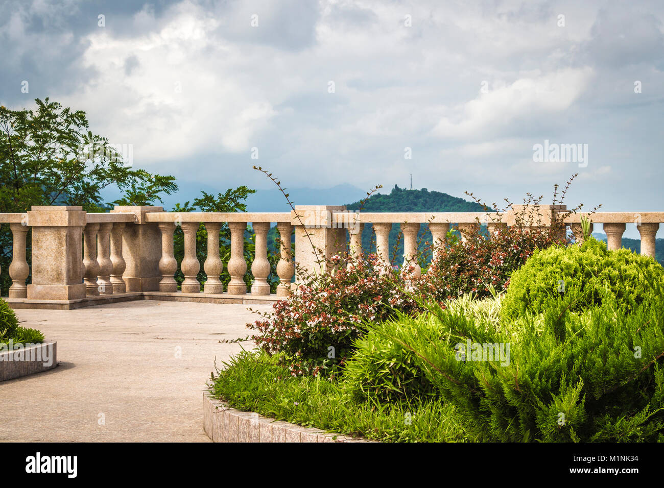 Terrace with concrete architectural balusters on a high mountain Stock ...