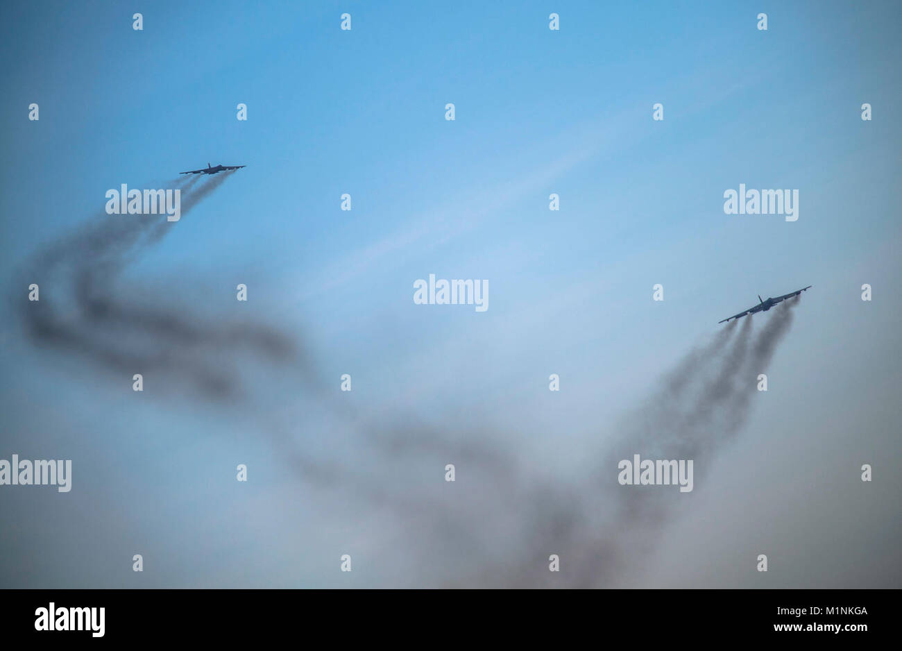 Two B-52 Stratofortress aircraft, assigned to the 5th Bomb Wing, take ...