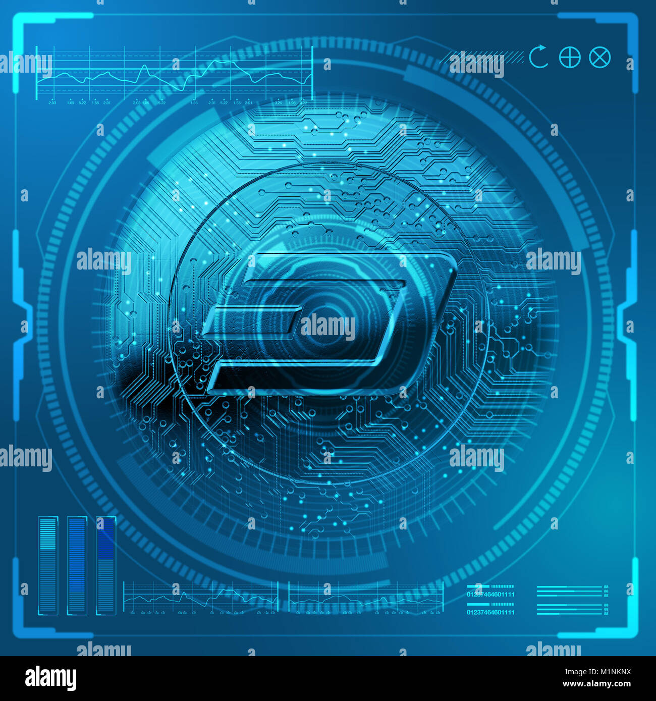 Dash cryptocurrency in coin form overlaid with a scientific technical ...