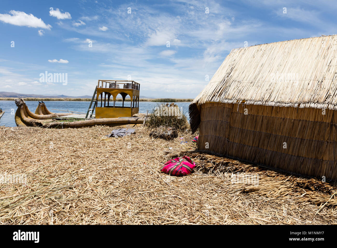 Traditional reed boat (totora) in the Uros Islands, Titicaca Lake or ...