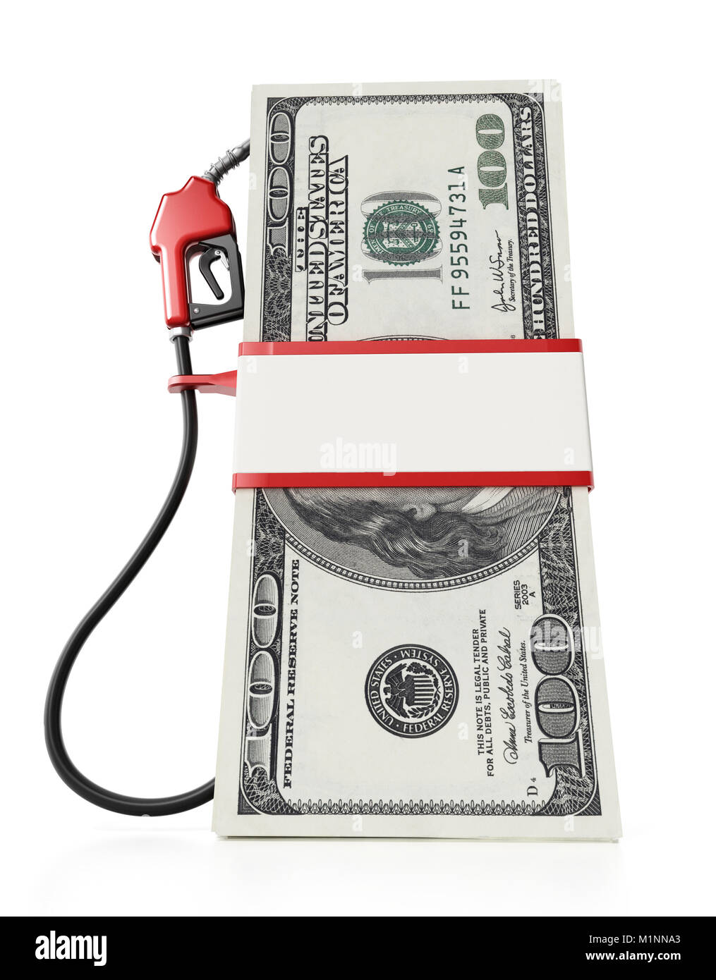Gas pump attached to 100 dollar bills. 3D illustration Stock Photo - Alamy
