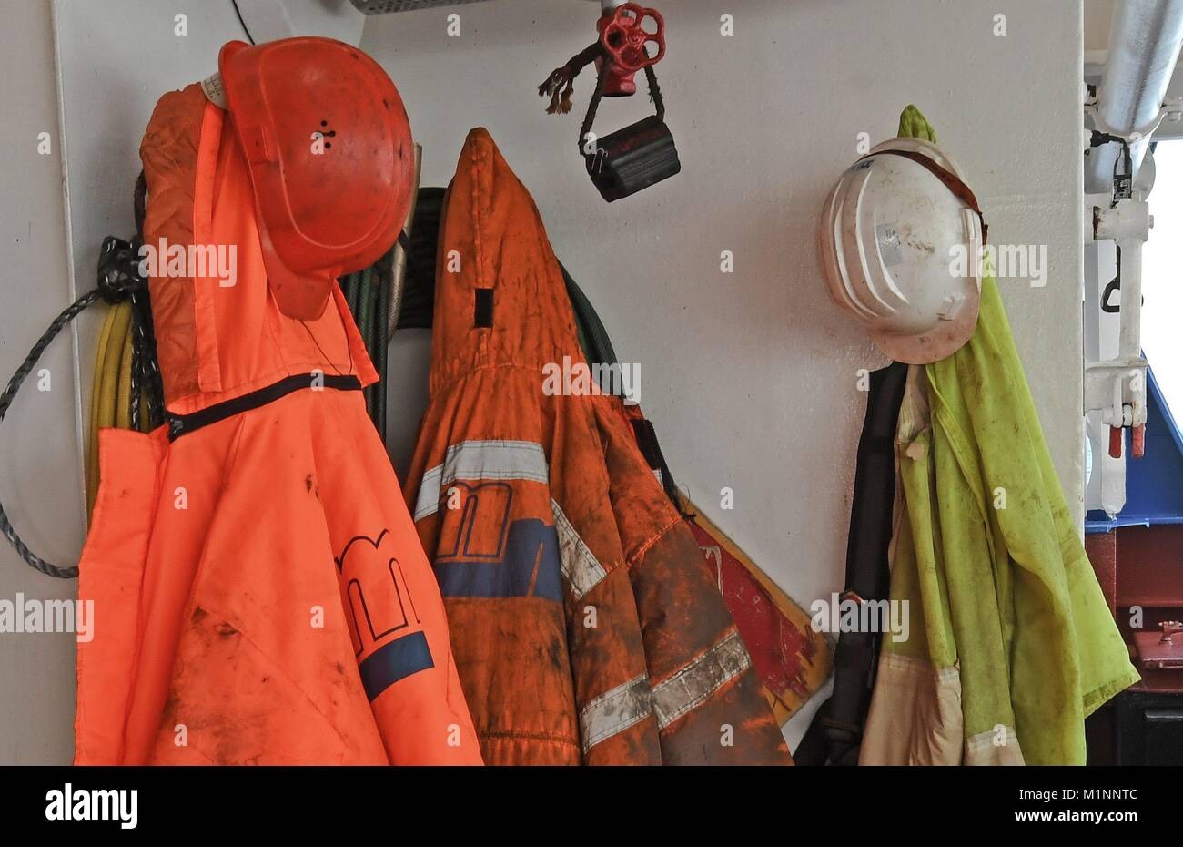 Working clothes for the crew on a container ship, Baltic sea, Aug. 25 ...