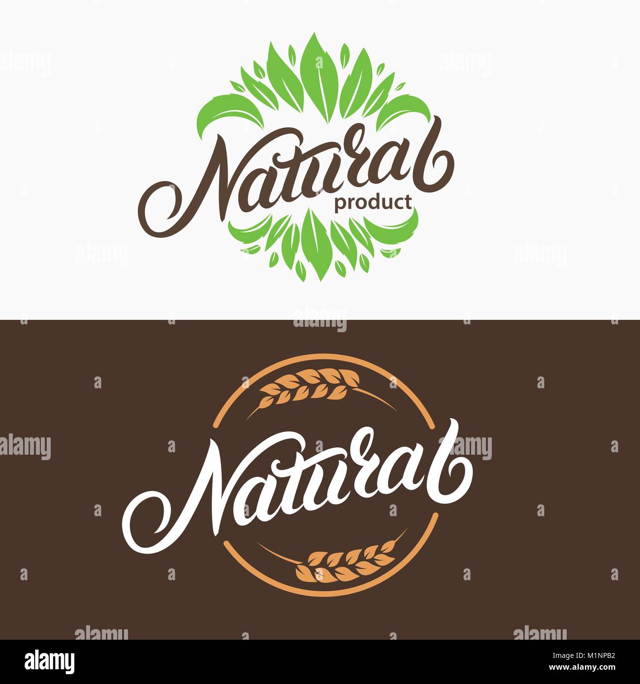 Set of Natural hand written lettering logo, emblem with leaves and ears ...