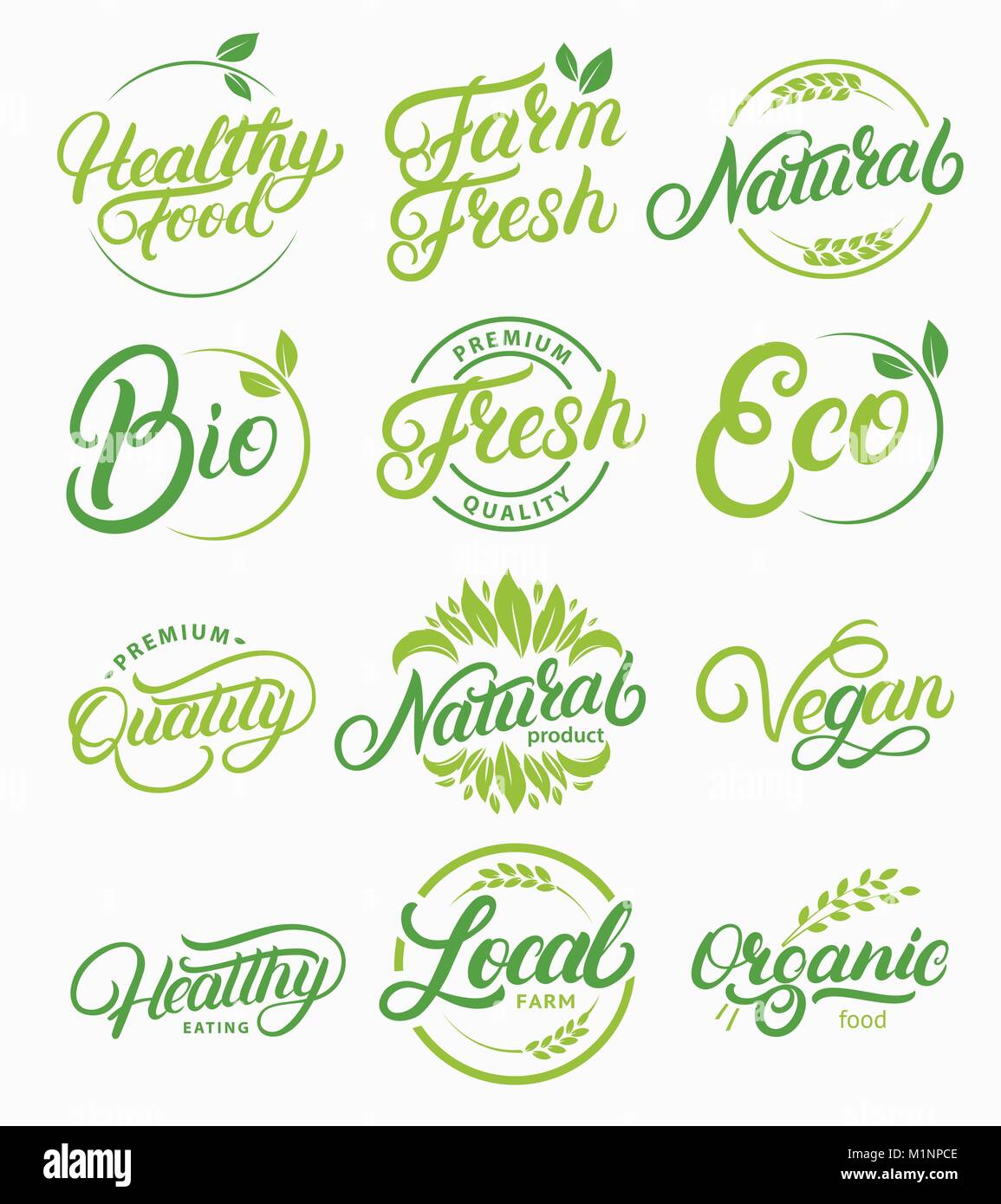 Set of organic, local, fresh, natural, vegan, healthy handwritten ...