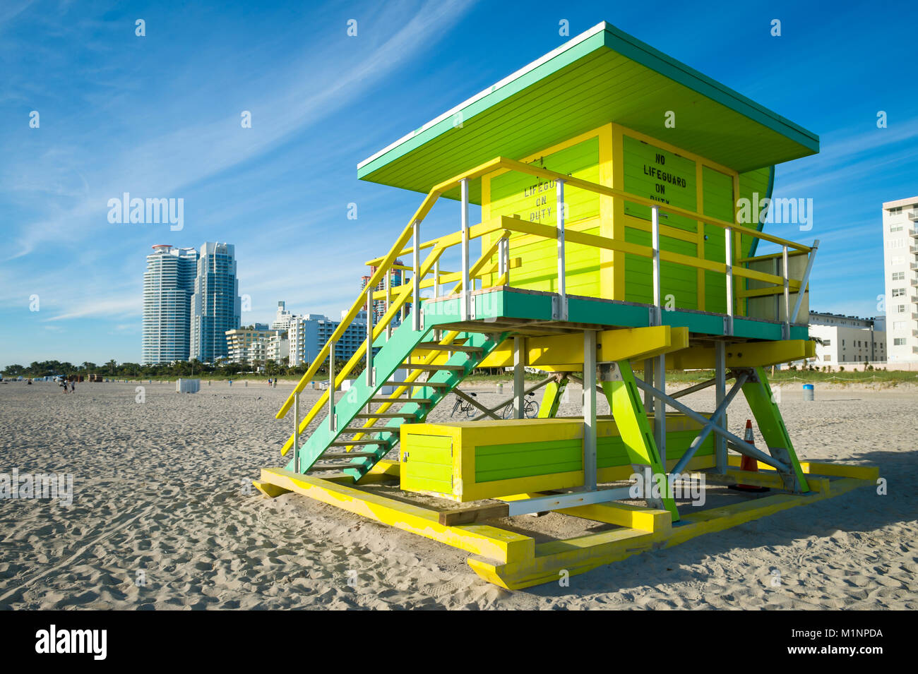 Scenic morning view of an iconic colorful lifeguard tower on South ...