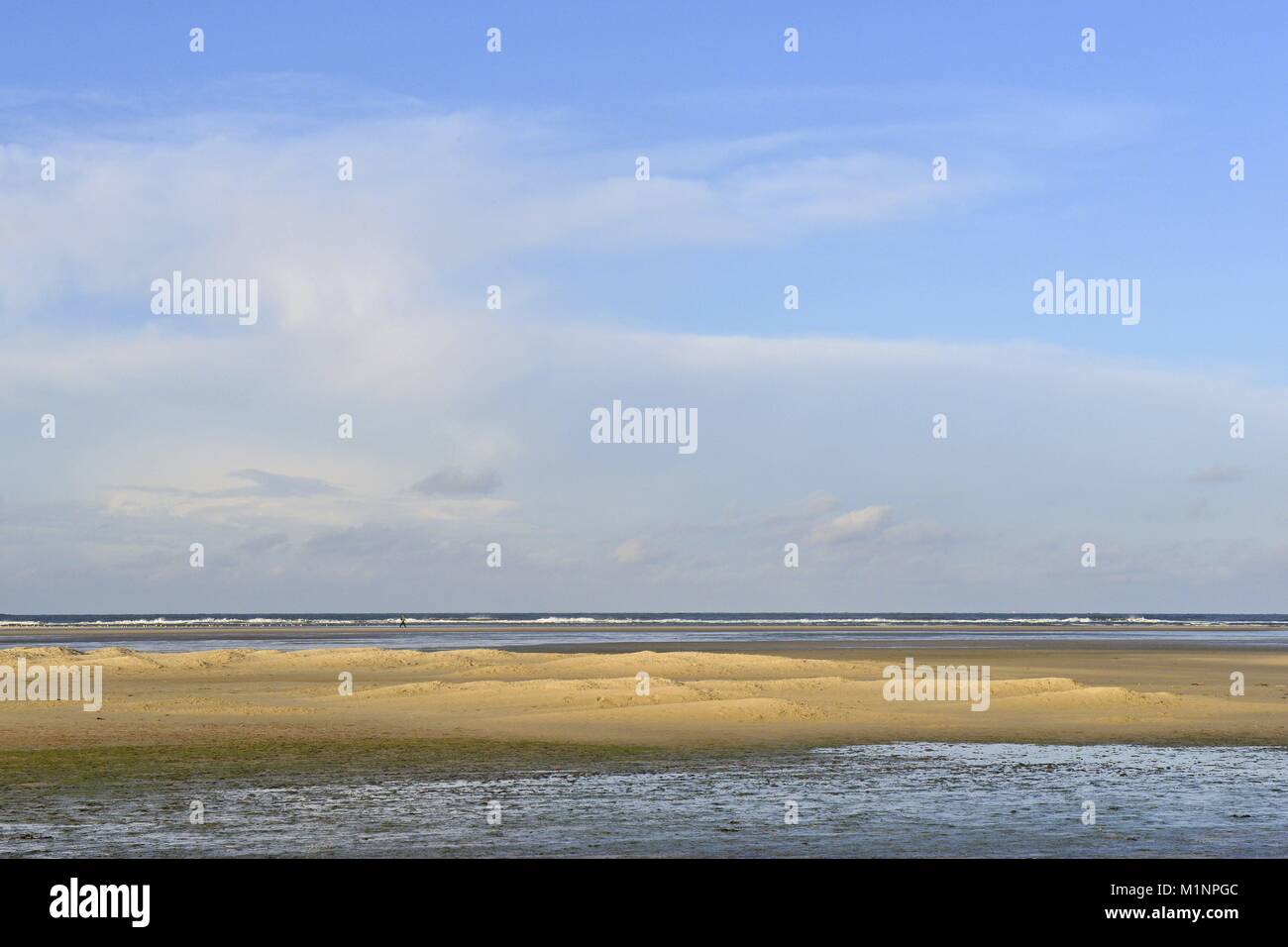 Spot of sunlight on Borkum's sandy beach with puddles of water and the ...