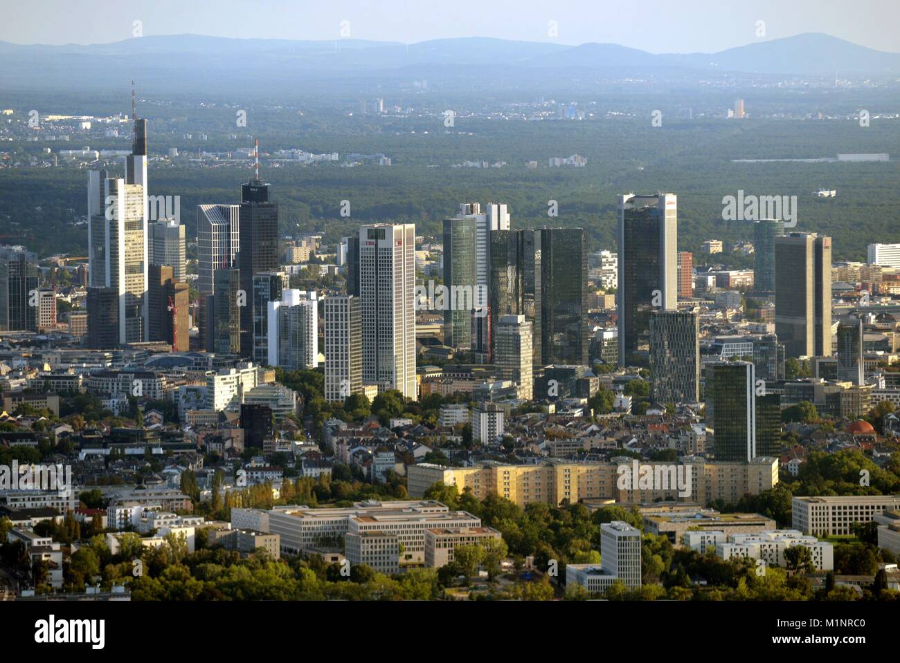 Aereal view of Frankfurt am Main skyscrapers and campus of Goethe ...