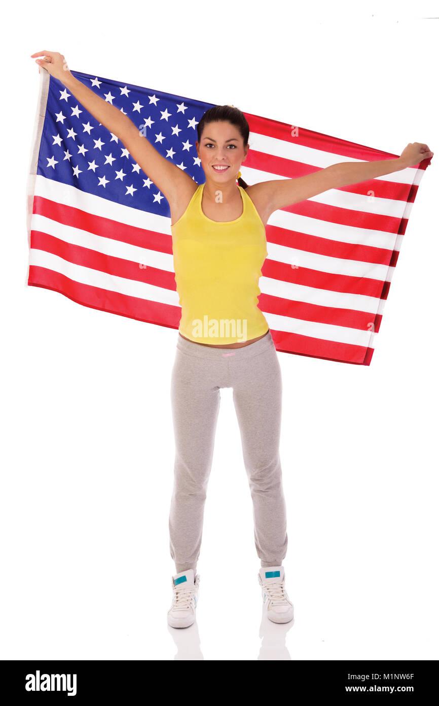 Woman holding american flag Cut Out Stock Images & Pictures - Alamy