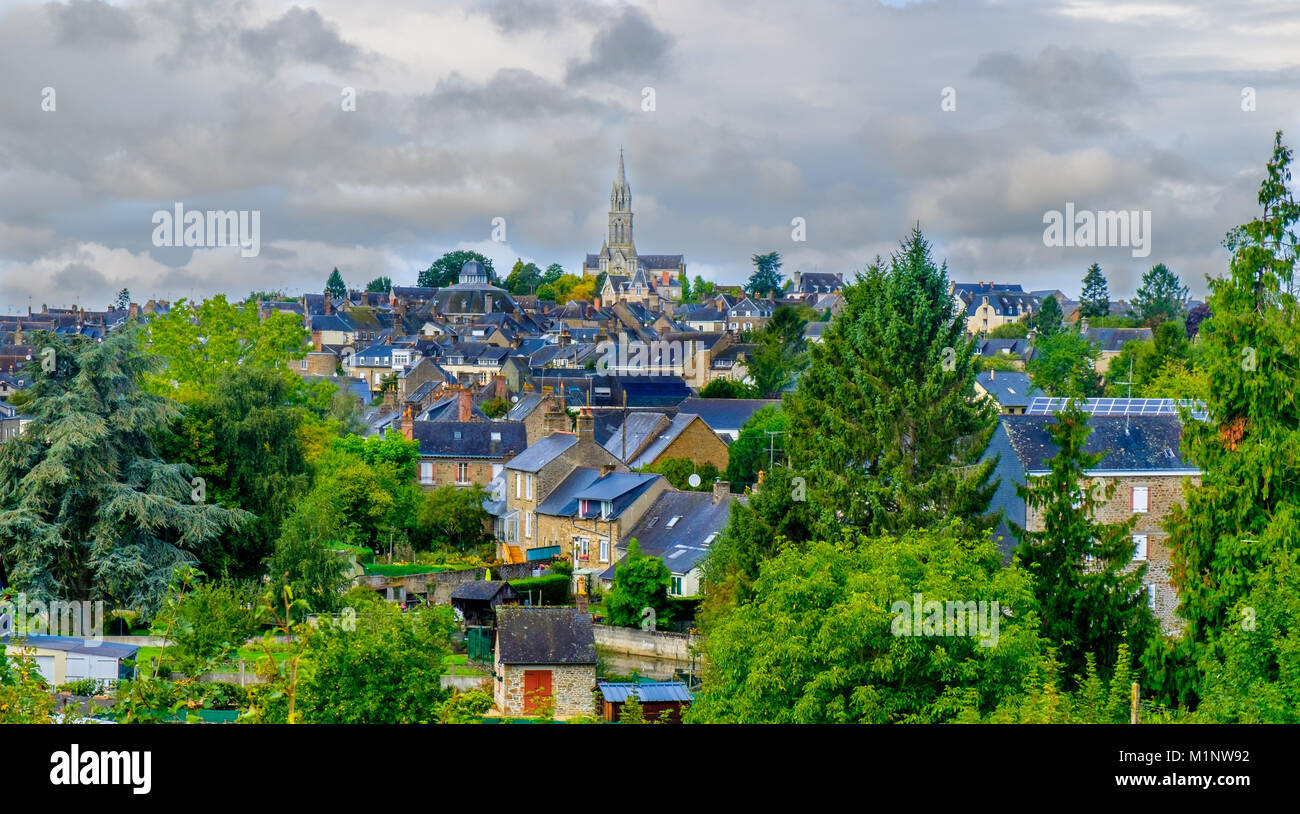 Gorron a rural French village in the Mayenne in summer on an overcast ...