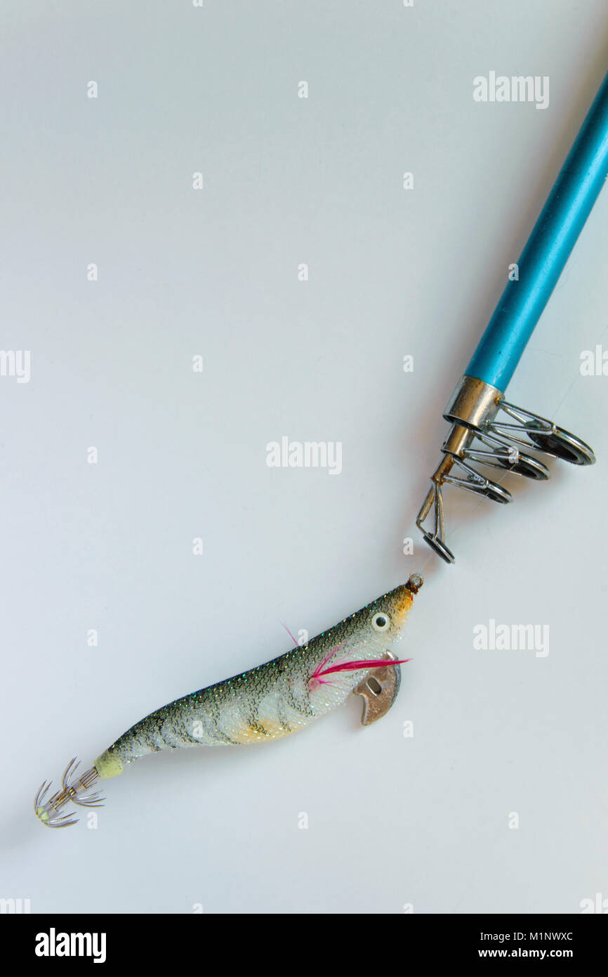Isolated colorful plastic fishing bait on fishing pole on white ...
