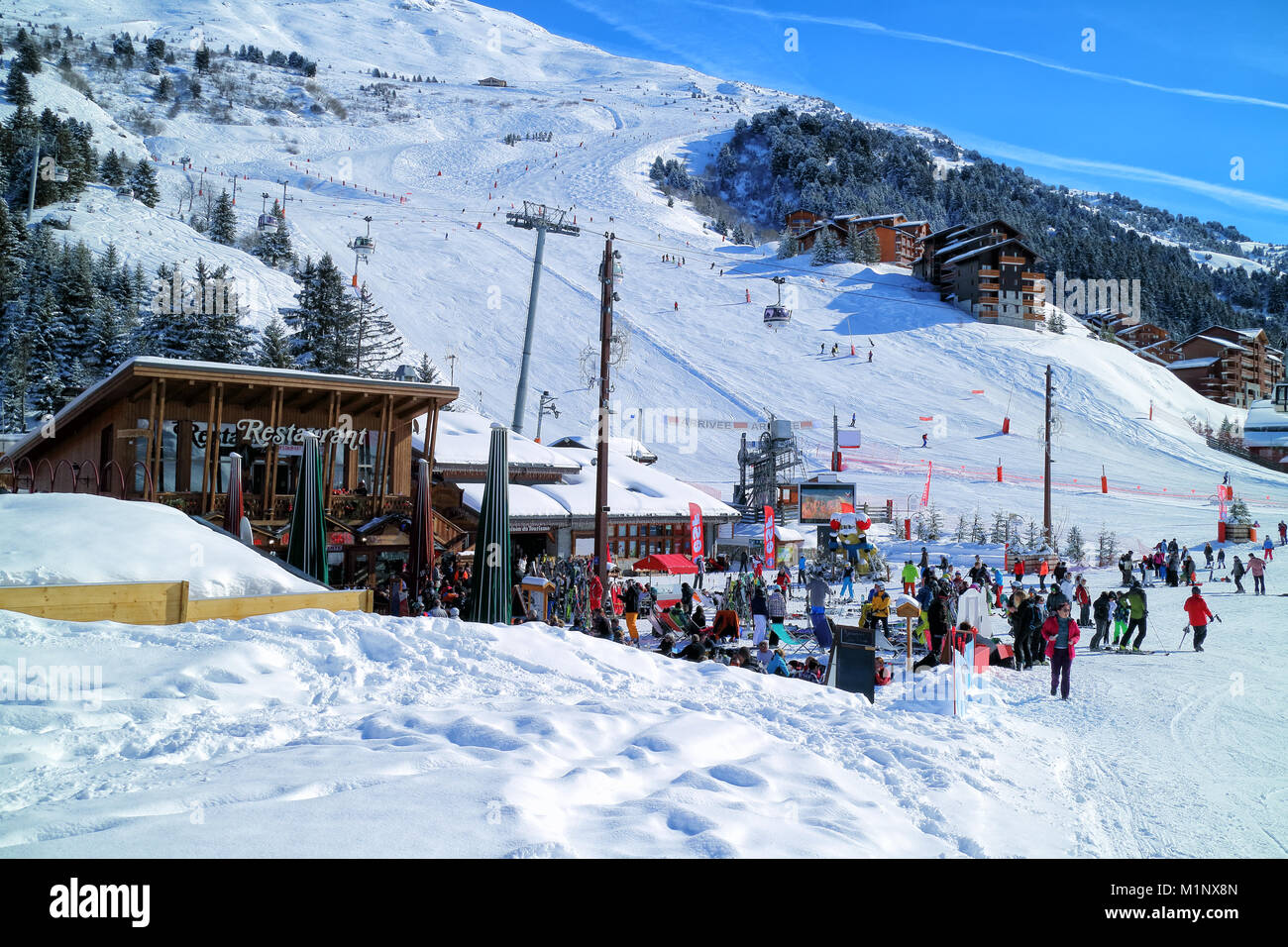 Meribel, 3 Valleys, Alps, France - February 05, 2016: Apres ski, people ...