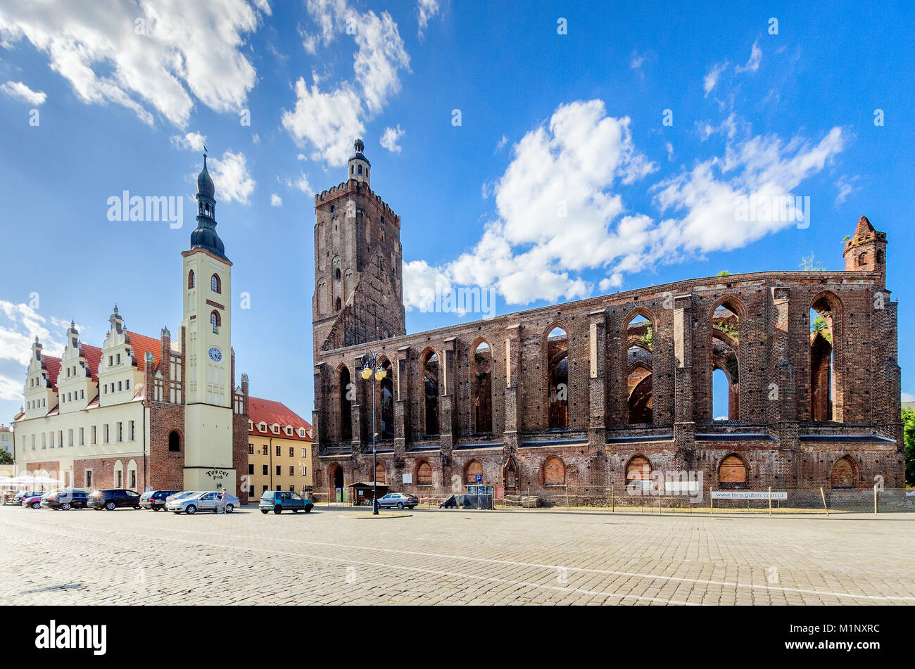 Former town hall and ruins of parish church, Gubin (ger. Guben), town ...