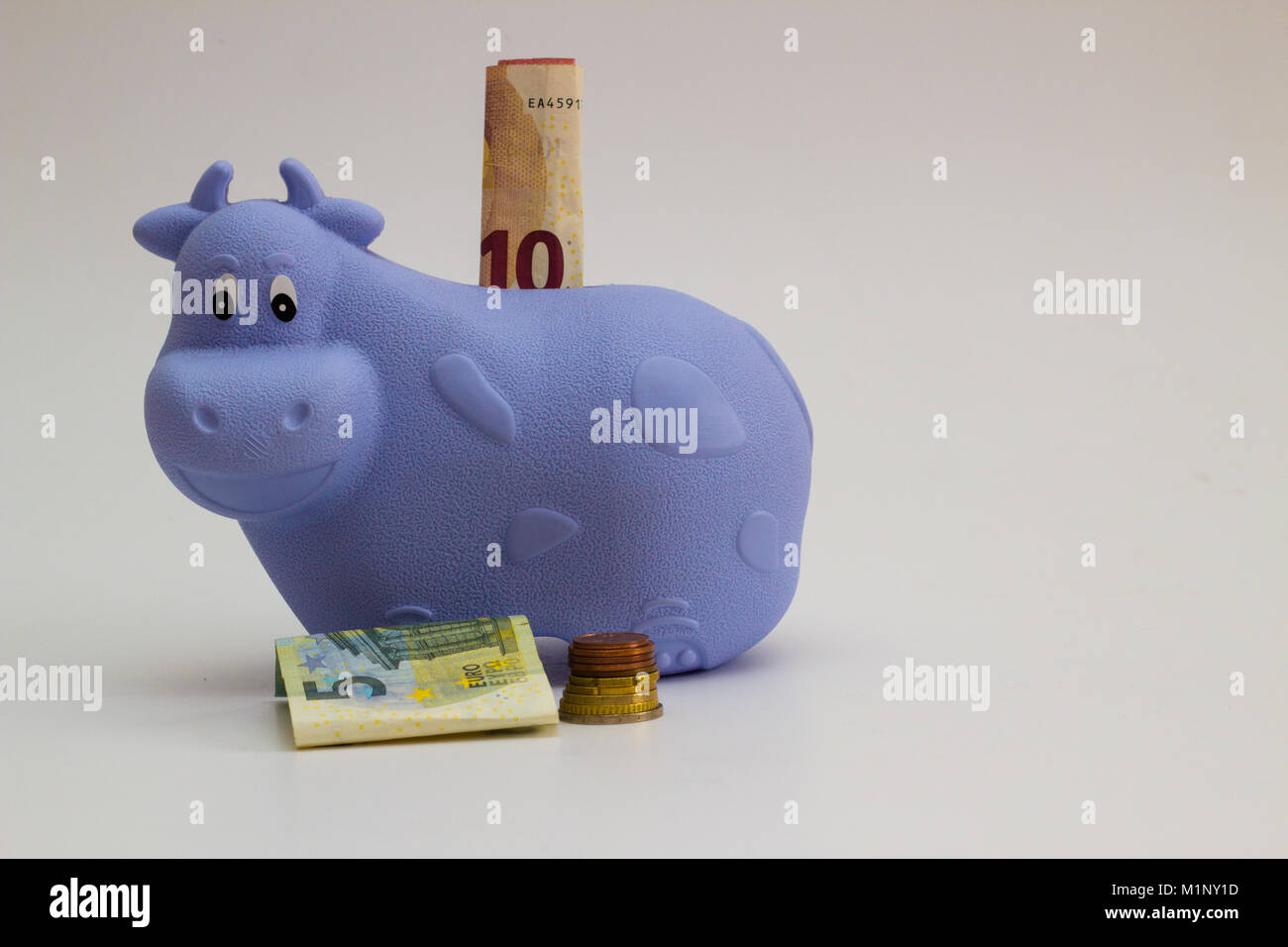 money box cow, with Euro banknotes and coins on a white background ...