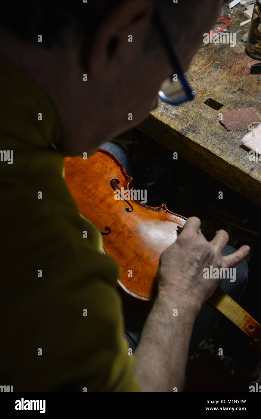 Lutist Philippe Devanneaux at work in his shop, Cremona, Italy, January ...