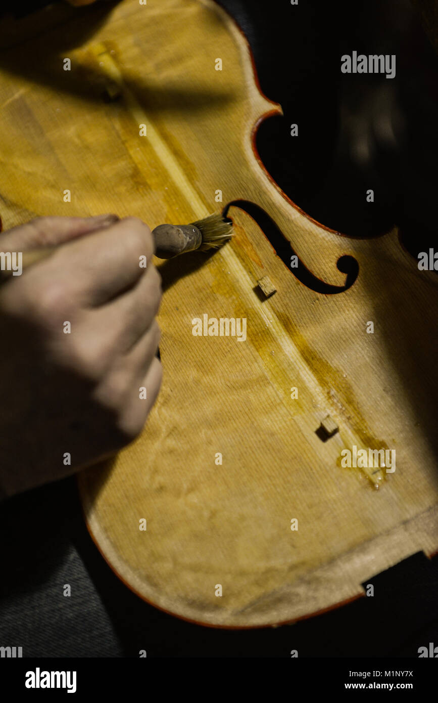 Lutist Philippe Devanneaux at work in his shop, Cremona, Italy, January ...