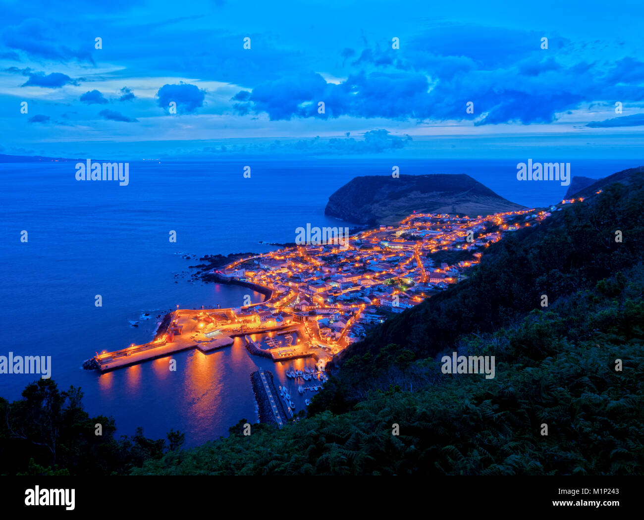 Velas at twilight, elevated view, Sao Jorge Island, Azores, Portugal ...