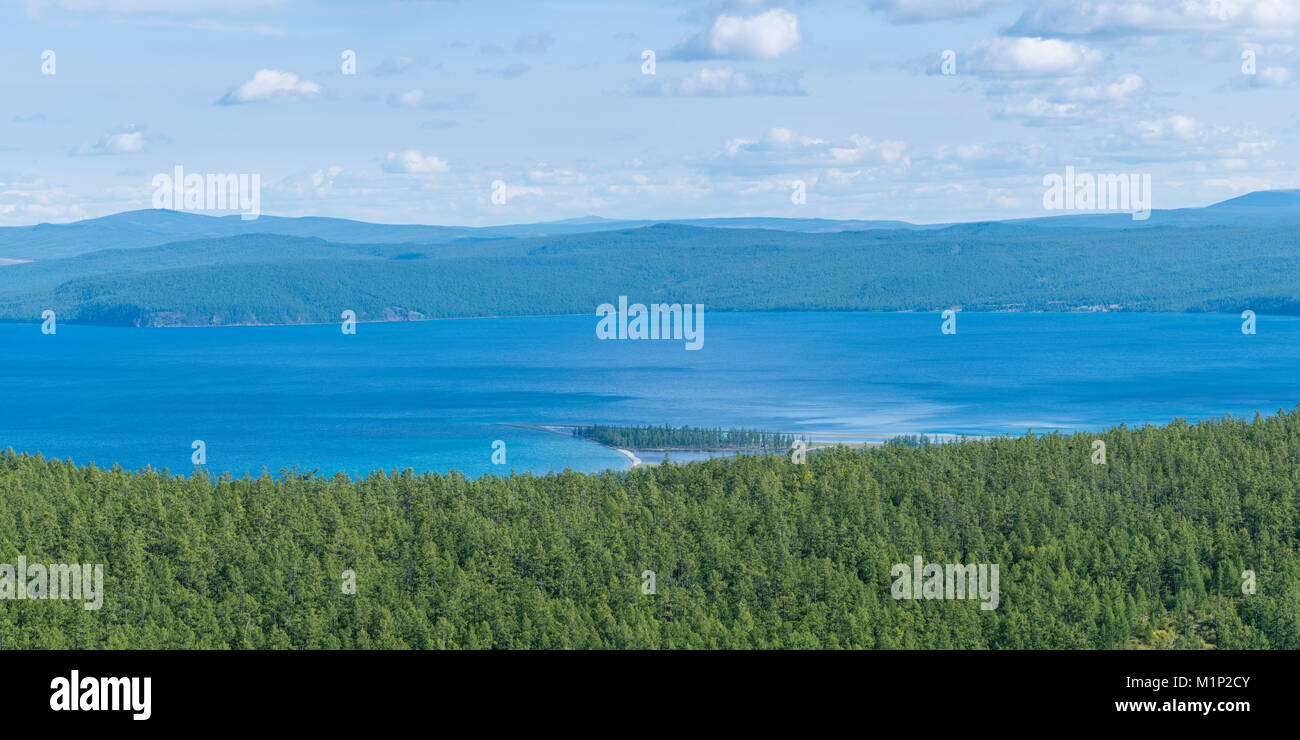 Taiga and Hovsgol Lake seen from above, Hovsgol province, Mongolia ...